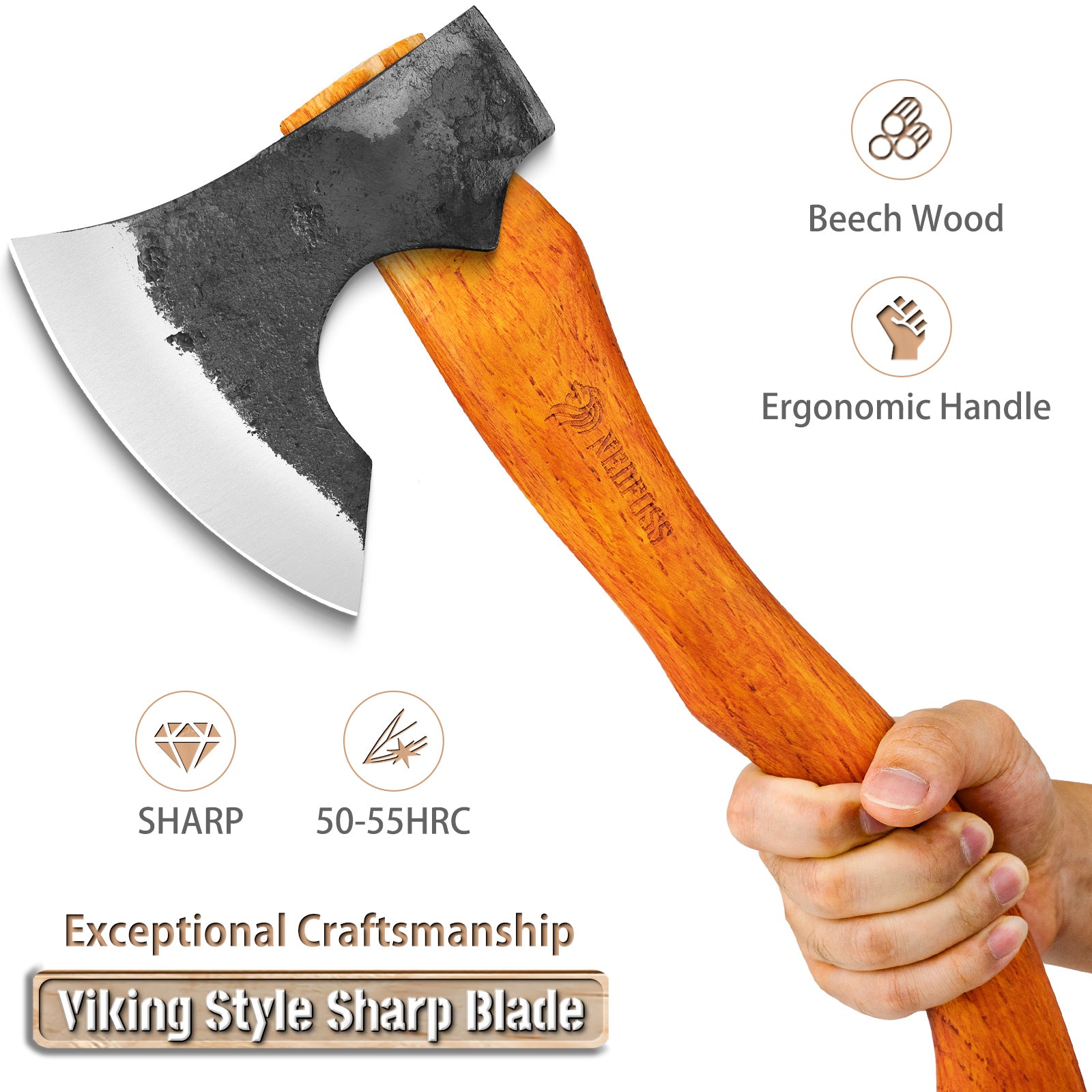 Camping Hatchet Axe, Wooden Handle Bushcraft Axe with Sheath, Viking ...