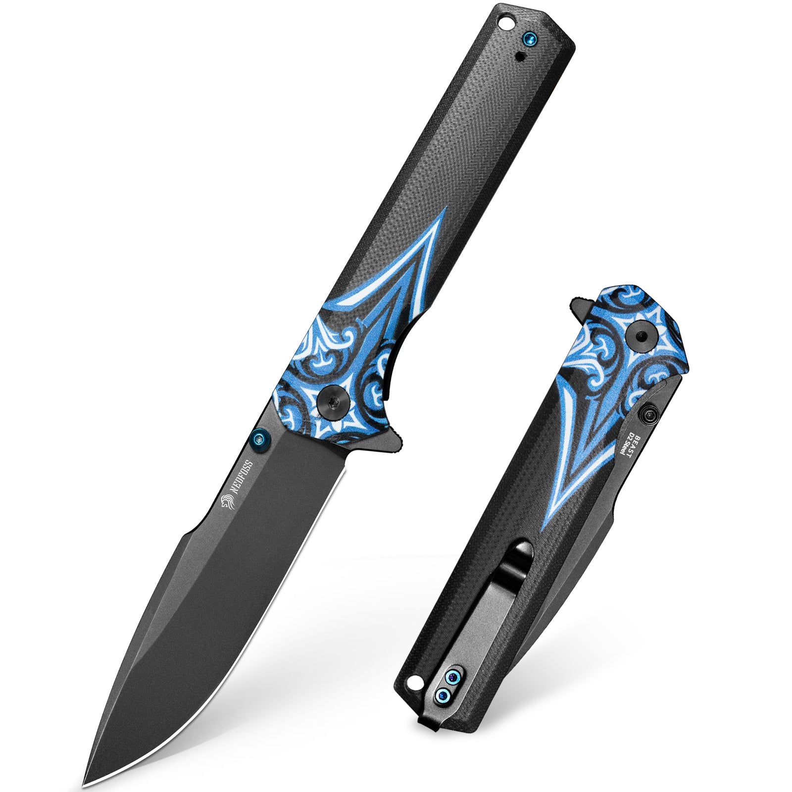 NedFoss BEAST 3.42" Black D2 Steel Folding Pocket Knife with Blue Tote ...