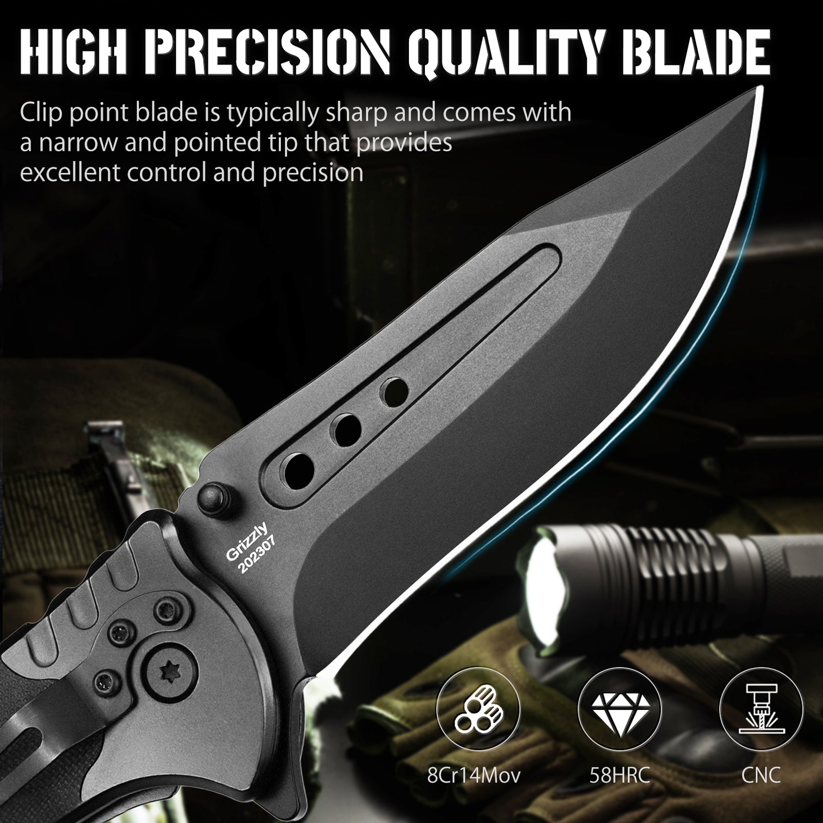 Grizzly Tactical Pocket Knife with Glass Breaker and Seatbelt Cutter ...