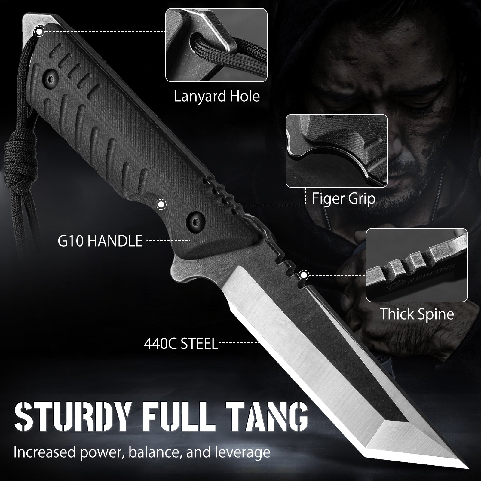 Dragon Fixed Blade Knife with Kydex Sheath and Fire Starter,440C Full ...